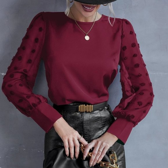 MODA ME COUTURE | Tops | Burgundy Long Swiss Dot Bishop Sleeved Blouse ...